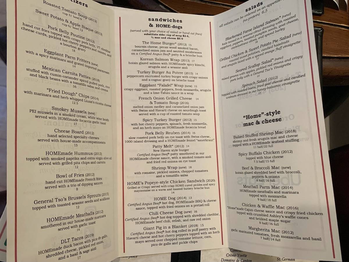 Menu at Home restaurant, Branford, Main St