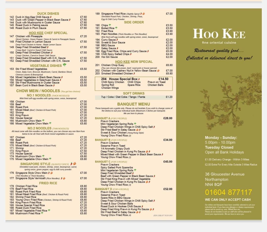 Menu at Hoo Kee restaurant, Northampton