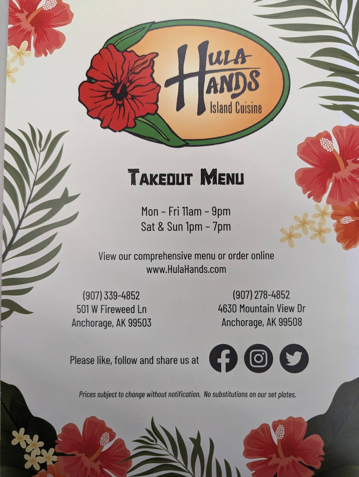 Menu at Hula Hands Restaurant, Anchorage, Mountain View Dr