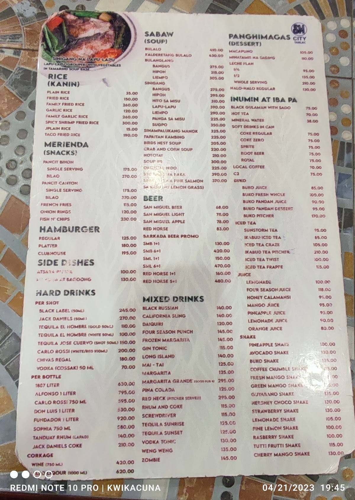 Menu at IKABUD restaurant, Tarlac City