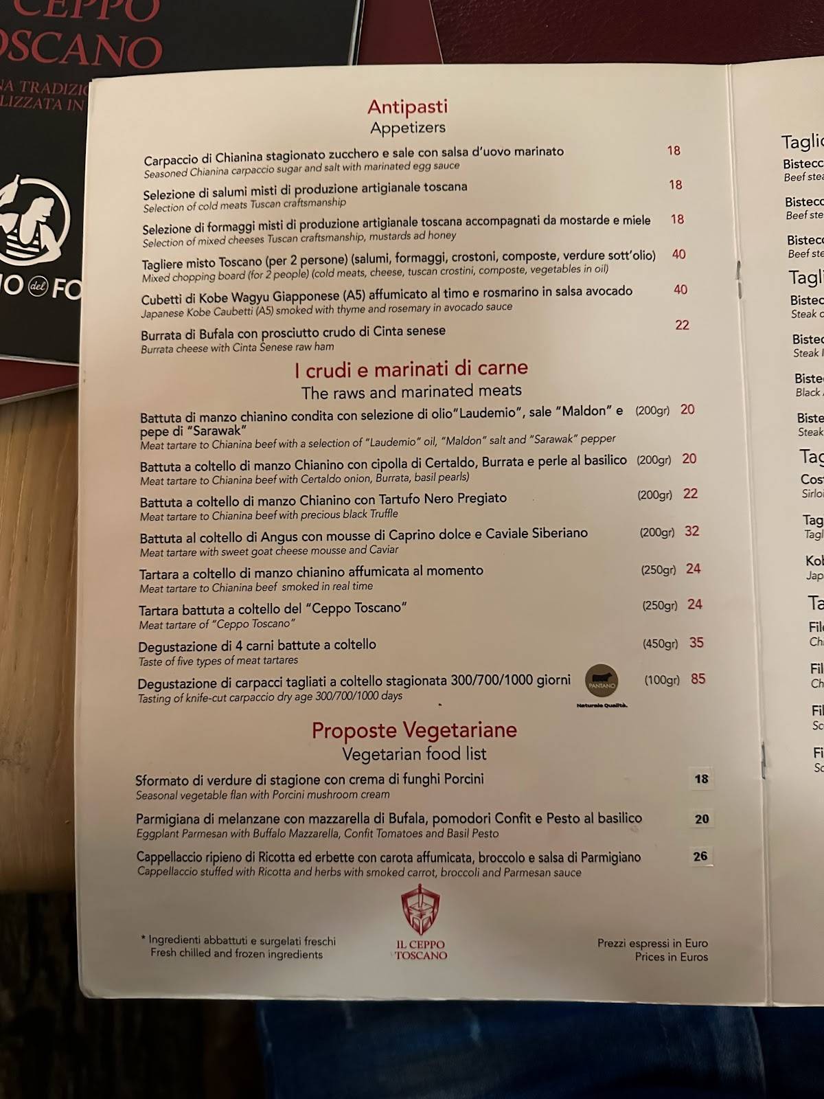 Speisekarte von Il Ceppo Toscano restaurant, San Gimignano