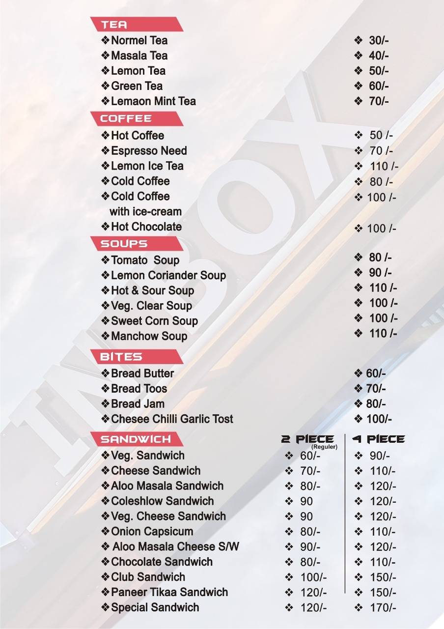 Menu at InBoX 09 Cafe & Roof-top Restaurant, Chittorgarh