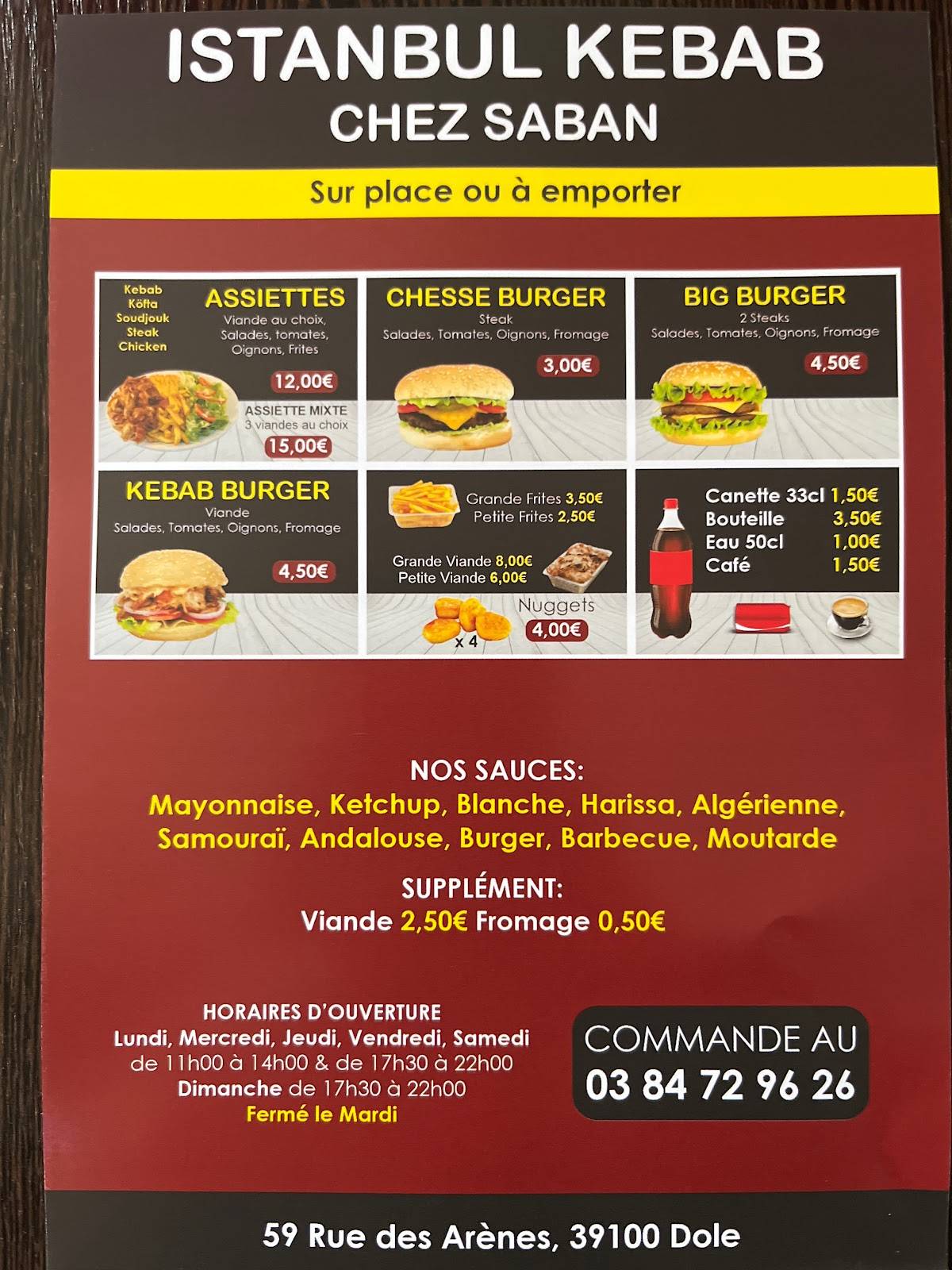 Menu au Istanbul kebab restaurant, Dole, 59 Rue des Arènes
