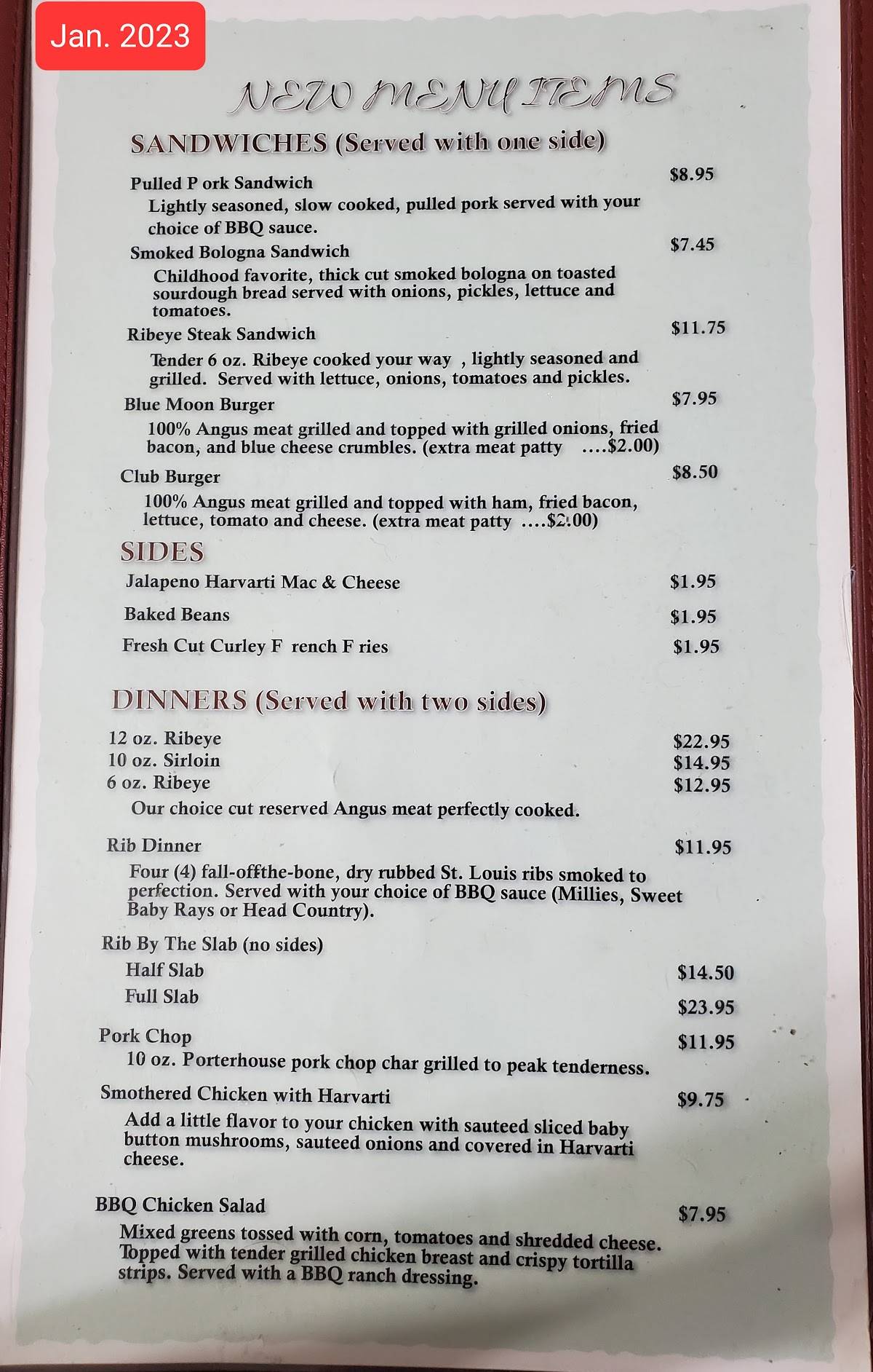 Menu at JW Cobbs restaurant, Ponca City, N 14th St