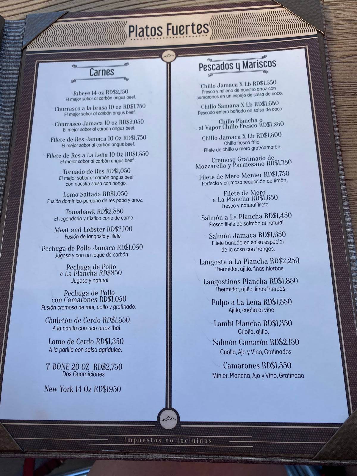Carta de Restaurante Jamaca de Dios, Jarabacoa, Carretera Palo Blanco