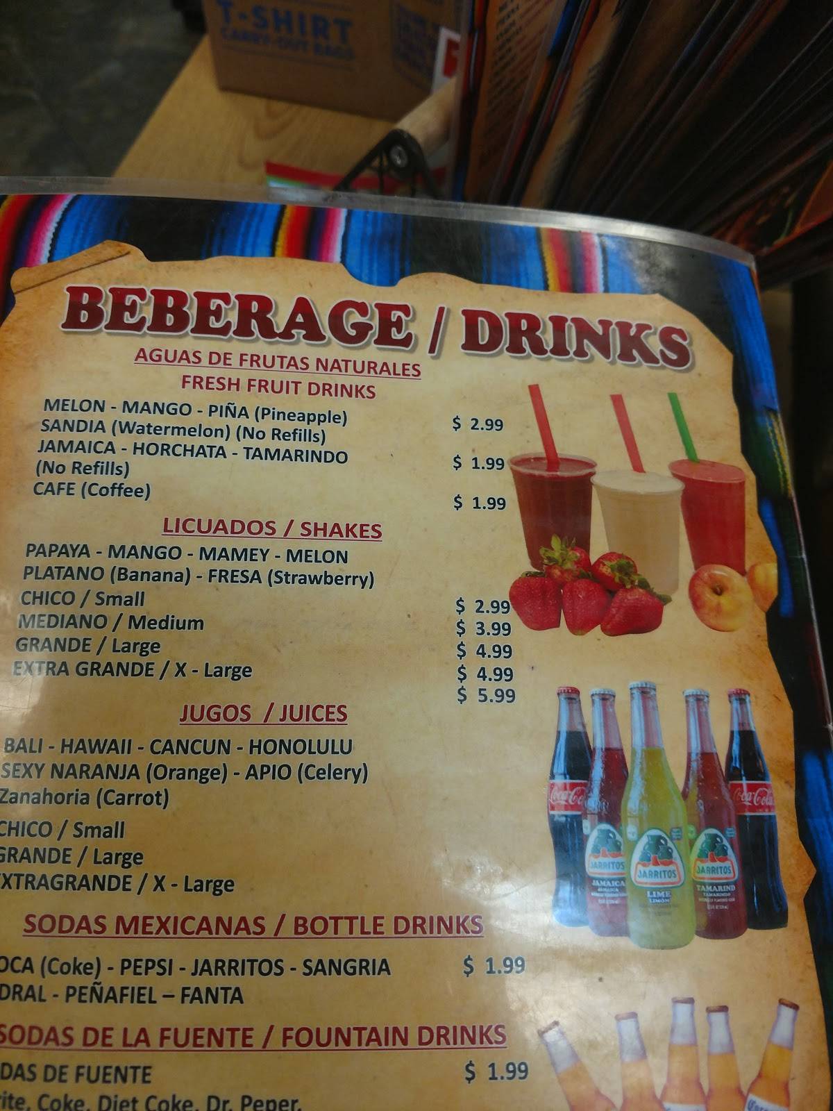 Menu at Jugos Vallarta restaurant, Corona