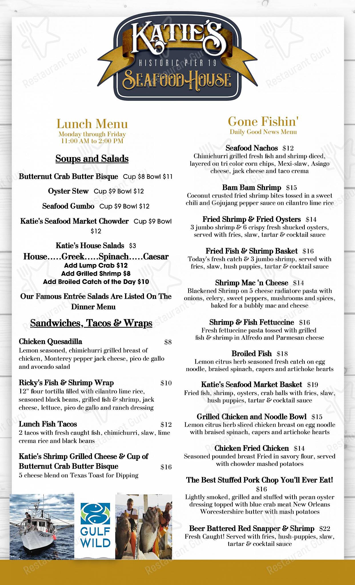 Menu at Katie's Seafood House restaurant, Galveston