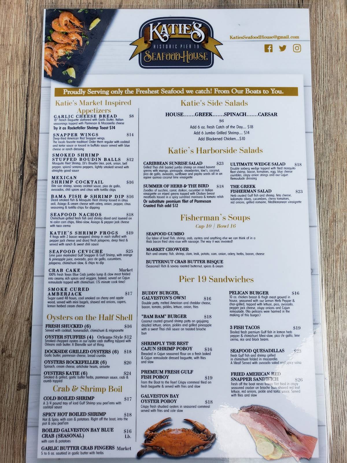 Menu at Katie's Seafood House restaurant, Galveston