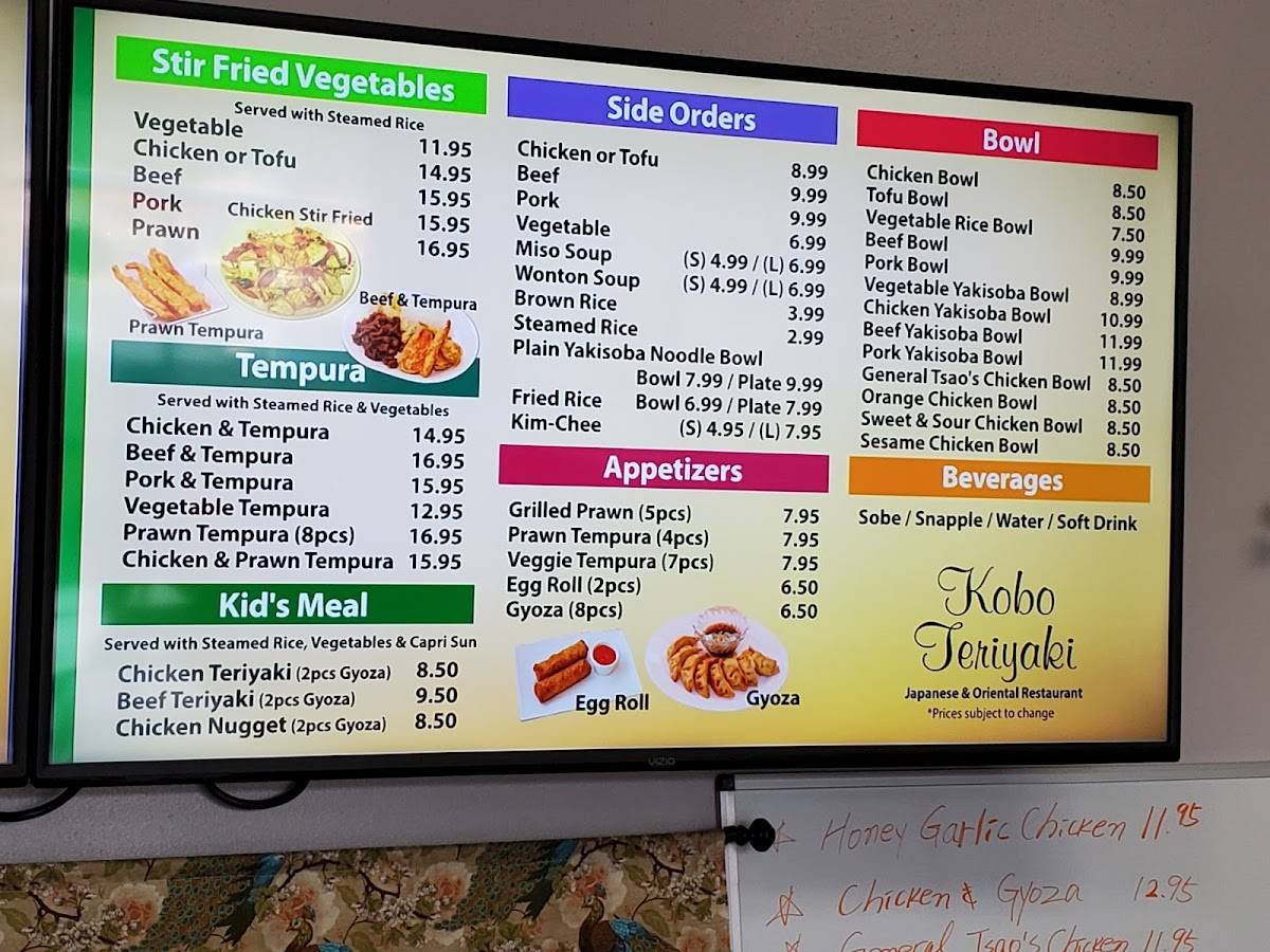 Menu at Kobo Teriyaki restaurant, Chehalis