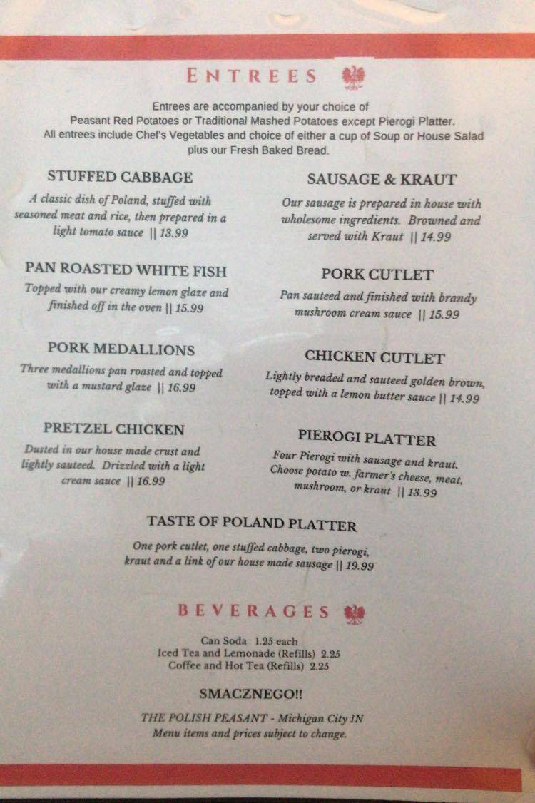 Menu at Kolasa’s Restaurant (The Polish Peasant), Michigan City