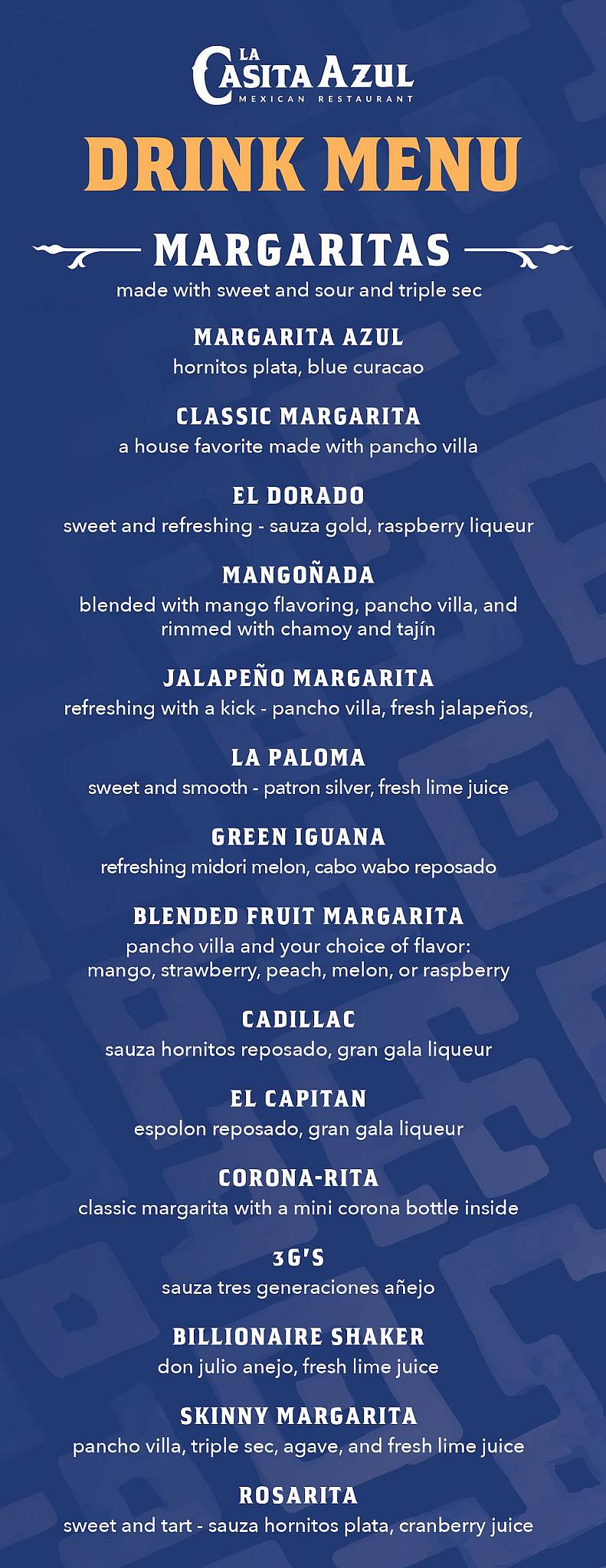Menu at La Casita Azul restaurant, Yucca Valley