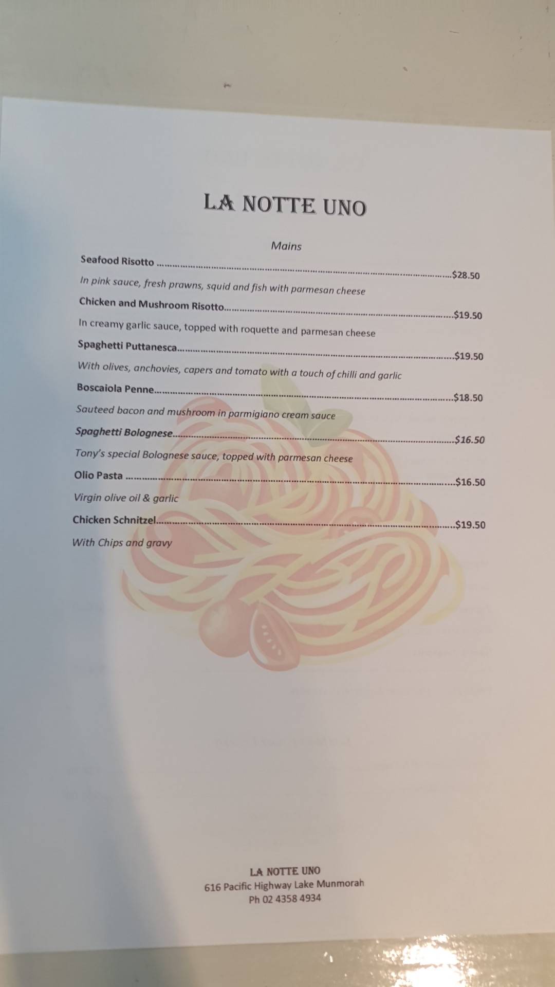 Menu at La Notte Uno Lake Munmorah restaurant, Lake Munmorah, 616-618 ...