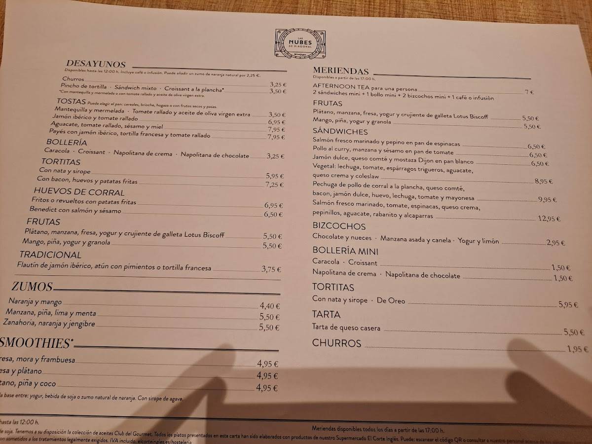 Carta del restaurante Las Nubes del Diagonal, Barcelona, C/ d'Europa