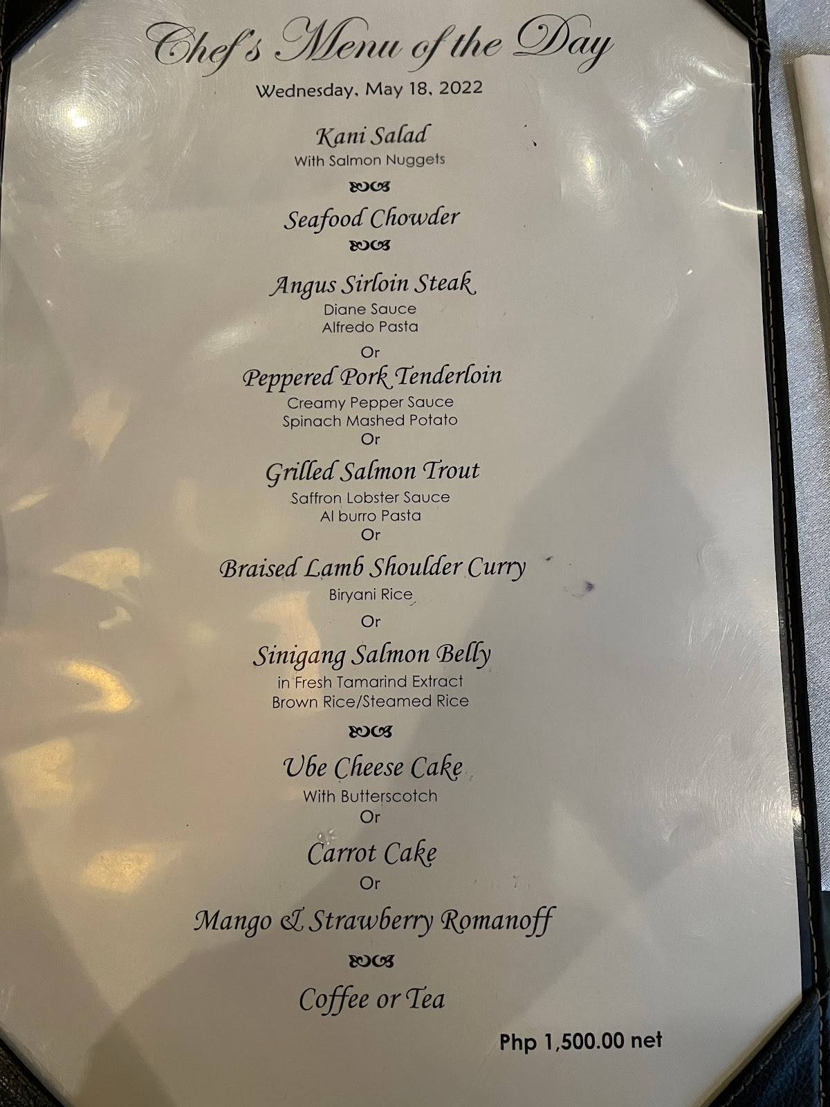 Menu at Le Chef restaurant, Baguio