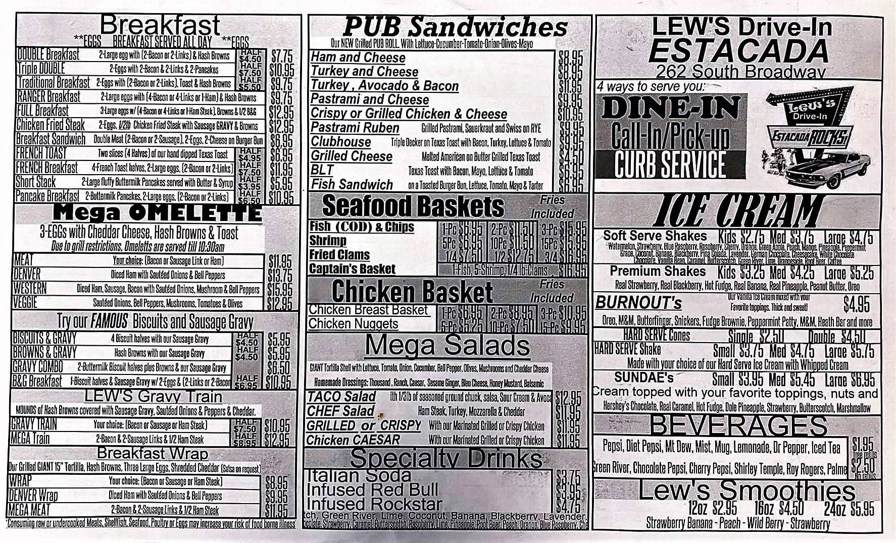 Menu at Lew's Drive-In restaurant, Estacada