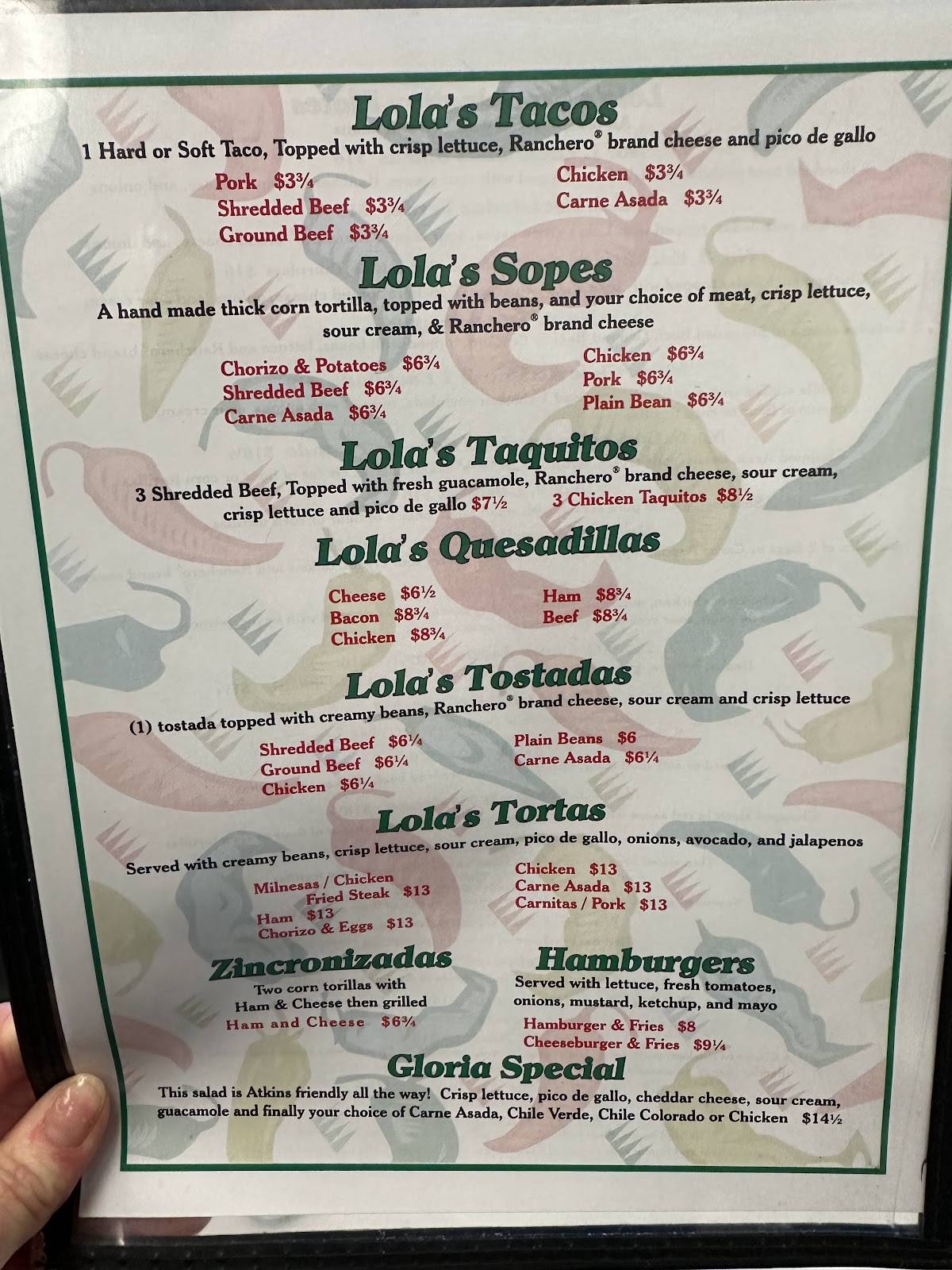Menu at Lola's Kitchen restaurant, Barstow