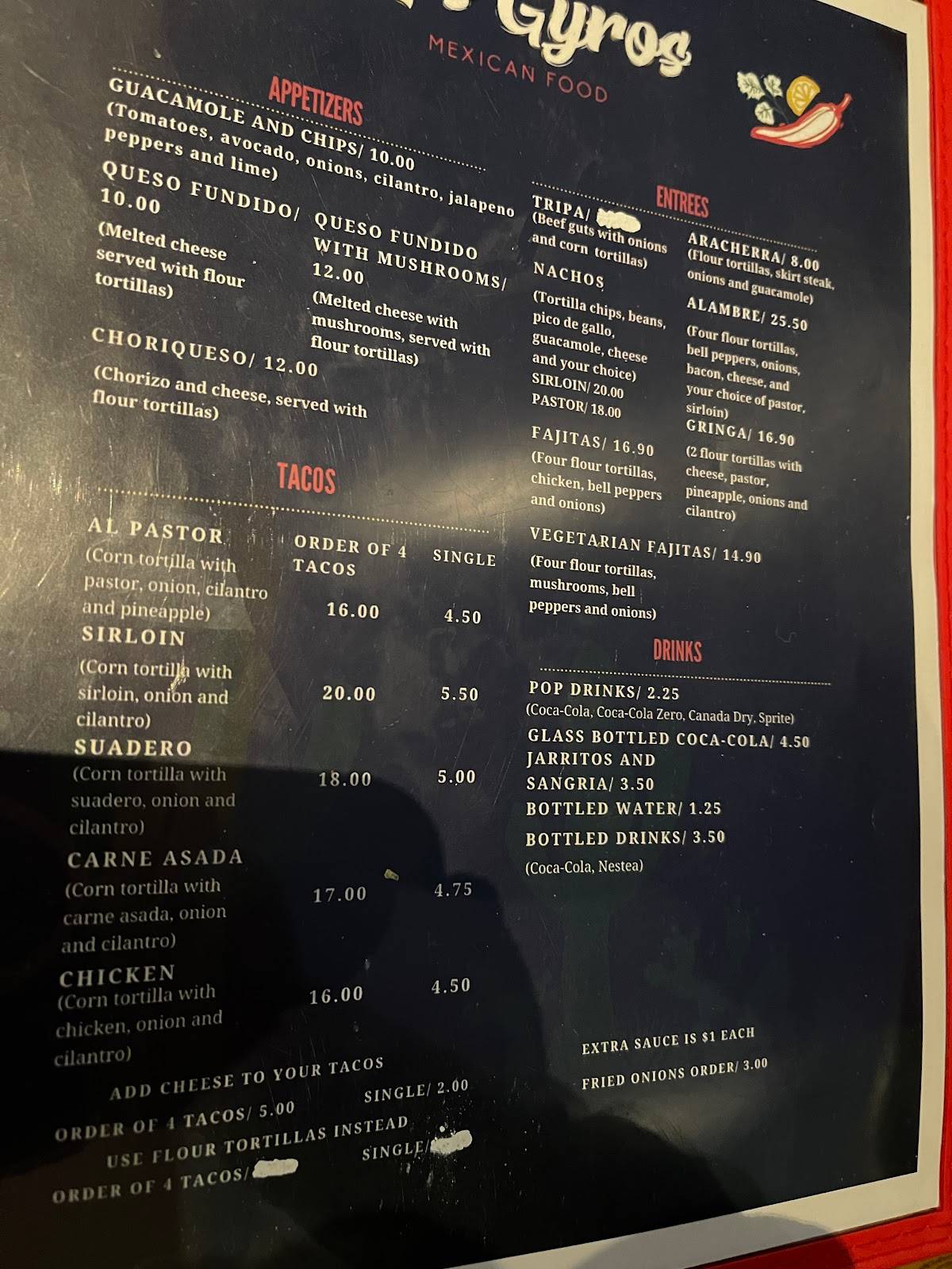 Menu at Los Gyros restaurant, Toronto