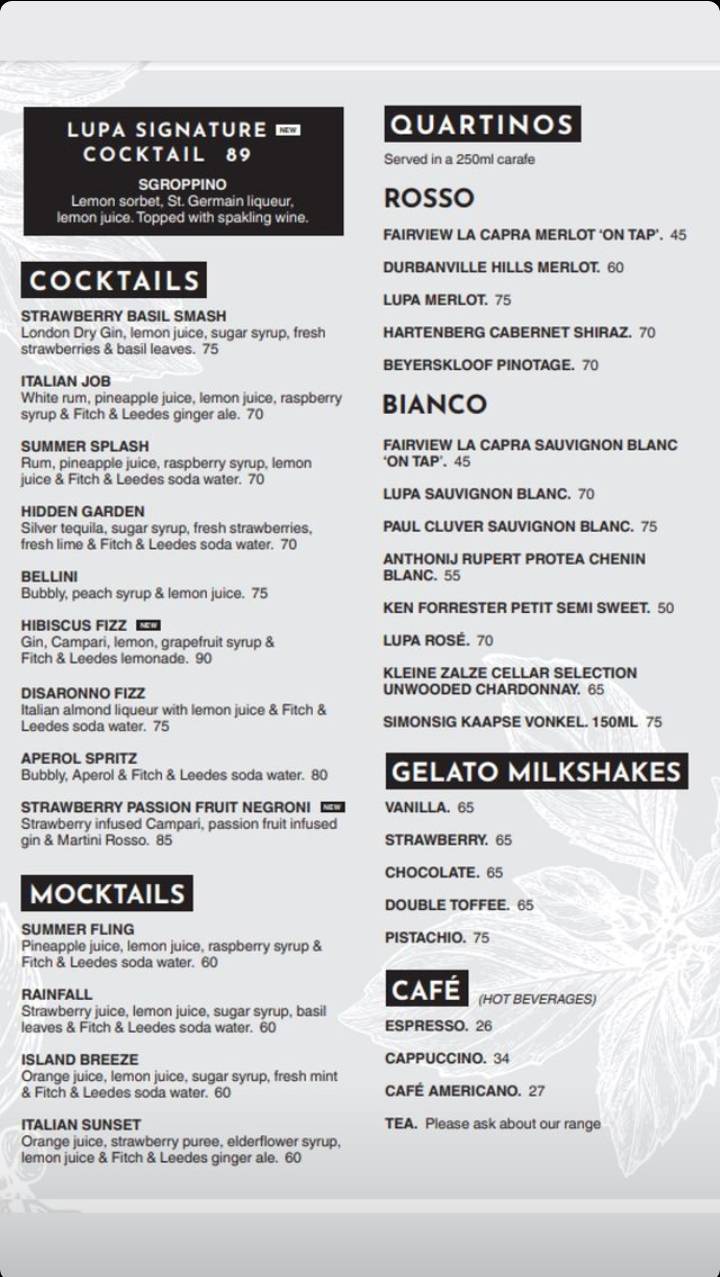 Menu at Lupa Osteria Durban North restaurant, Durban, Broadway Shopping ...