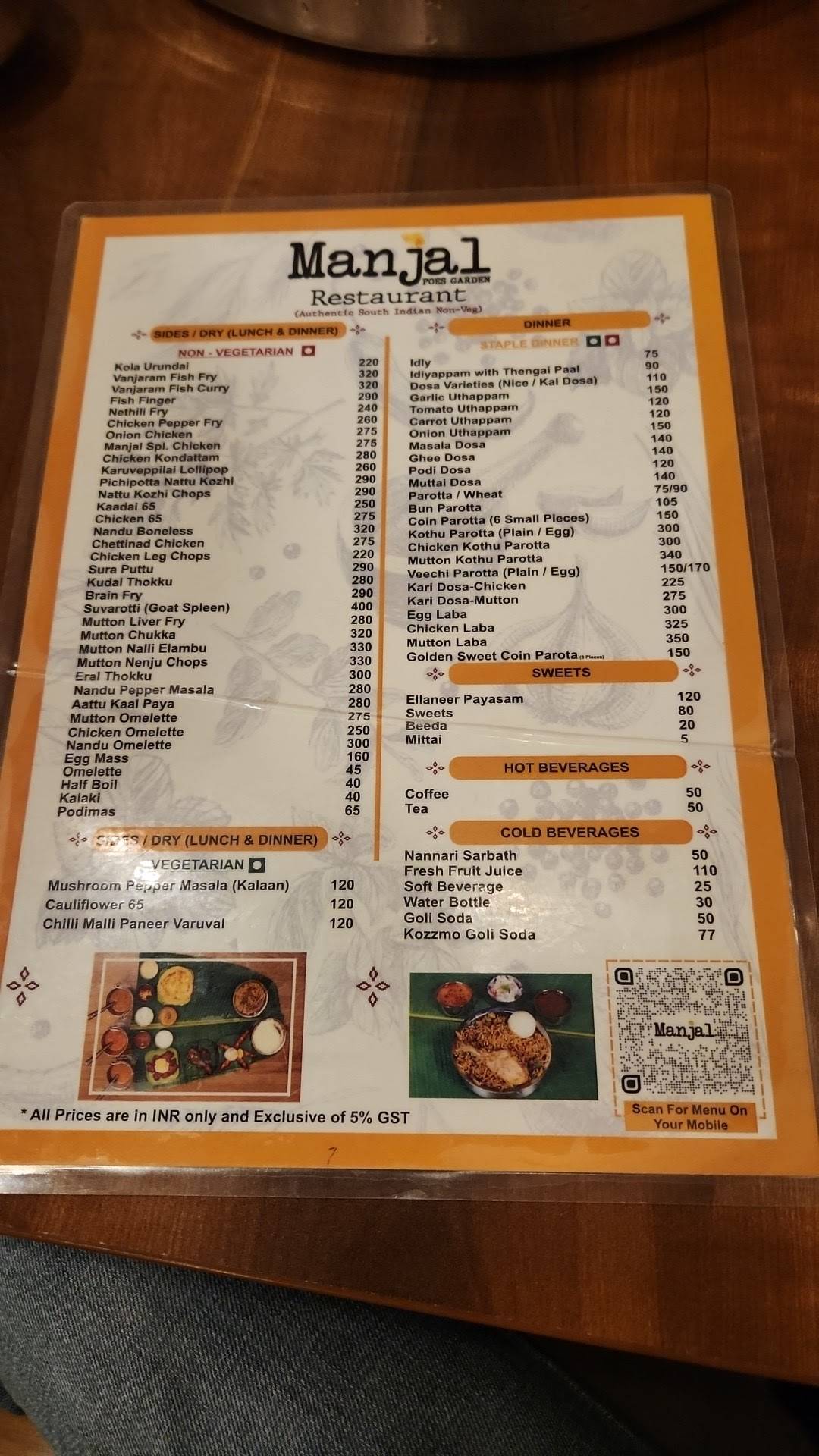 Menu at Manjal, Chennai, 6/9