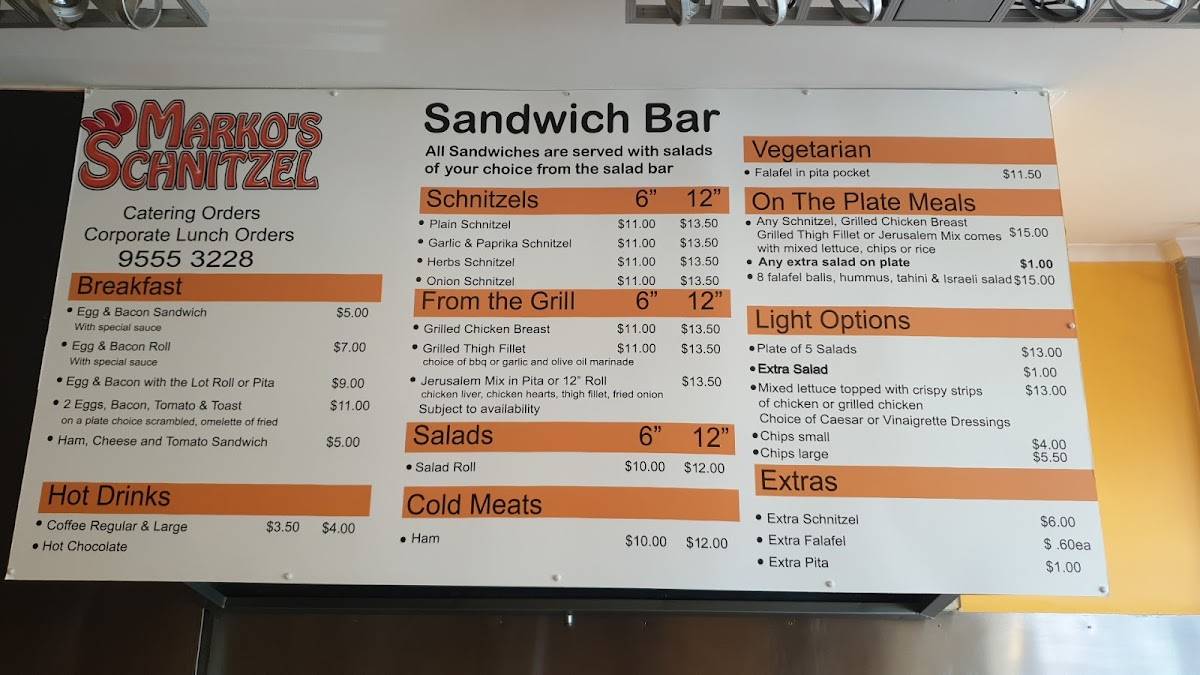 Menu at Marko's Schnitzel restaurant, Moorabbin