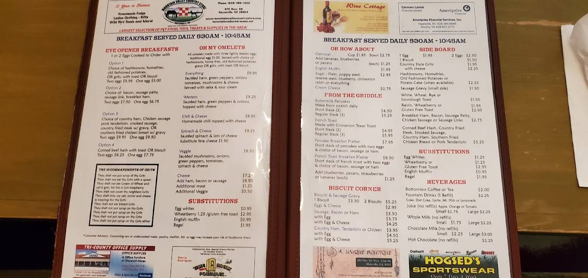 Menu at Mary's Southern Grill restaurant, Young Harris