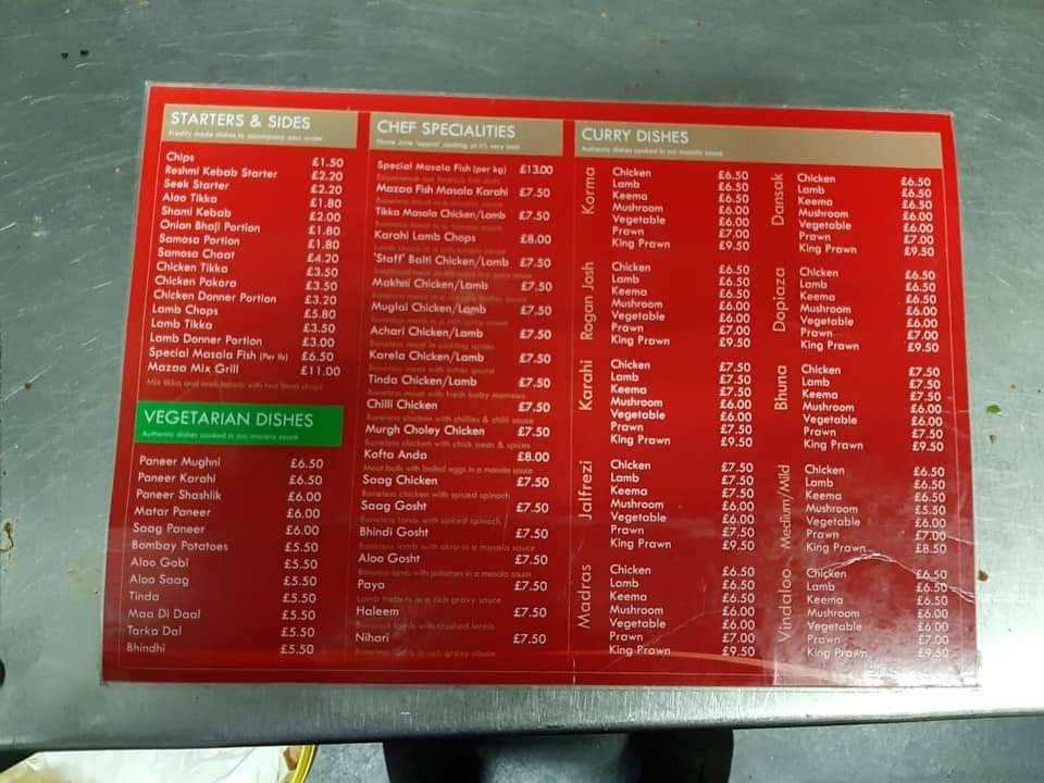 Menu at Mazaa restaurant, Manchester, 604 Stockport Rd