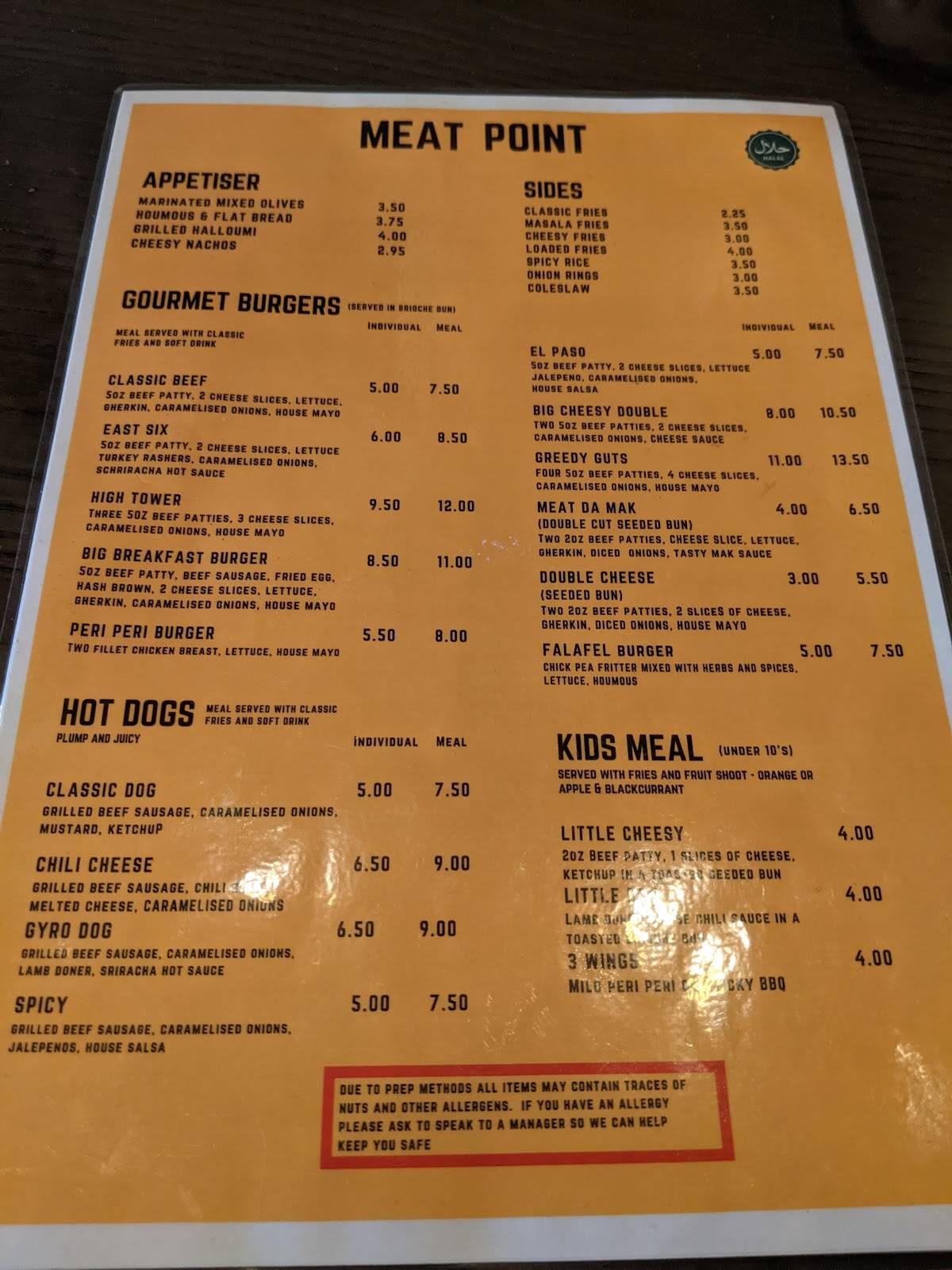 Menu at Meat Point restaurant, London, 395 Barking Rd