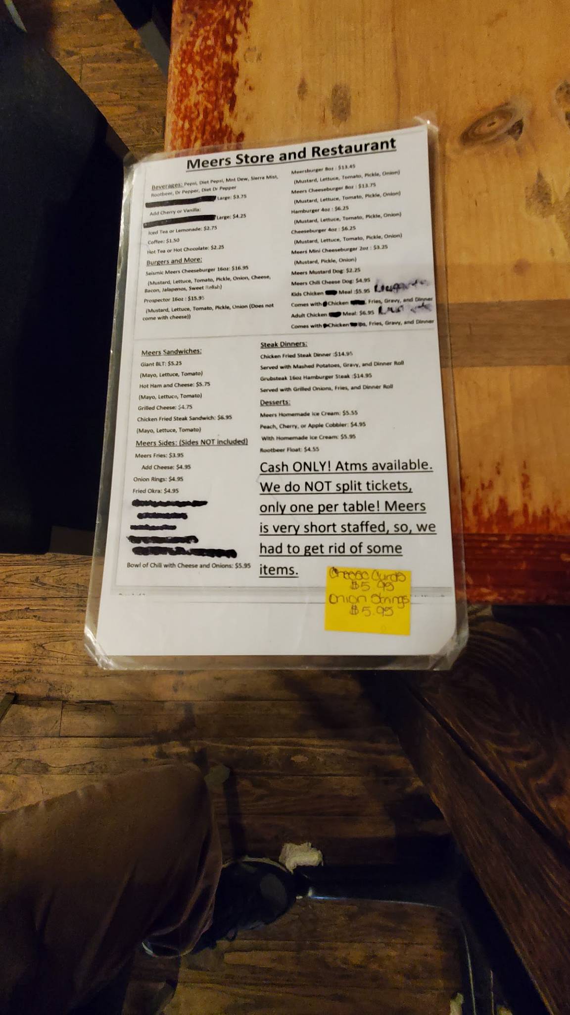 Menu at Meers Store and Restaurant, Meers
