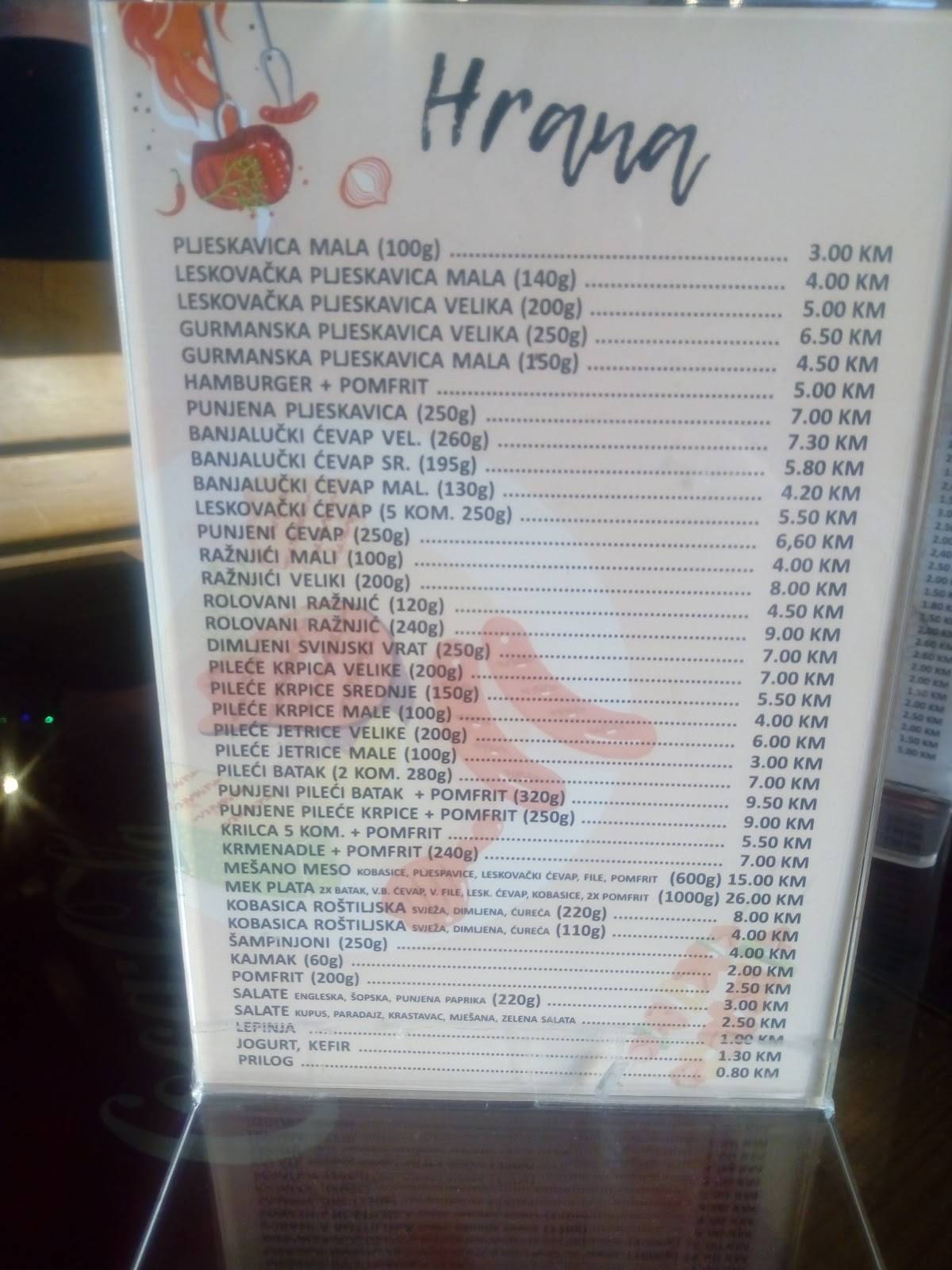 Menu at Mek restaurant, Banja Luka
