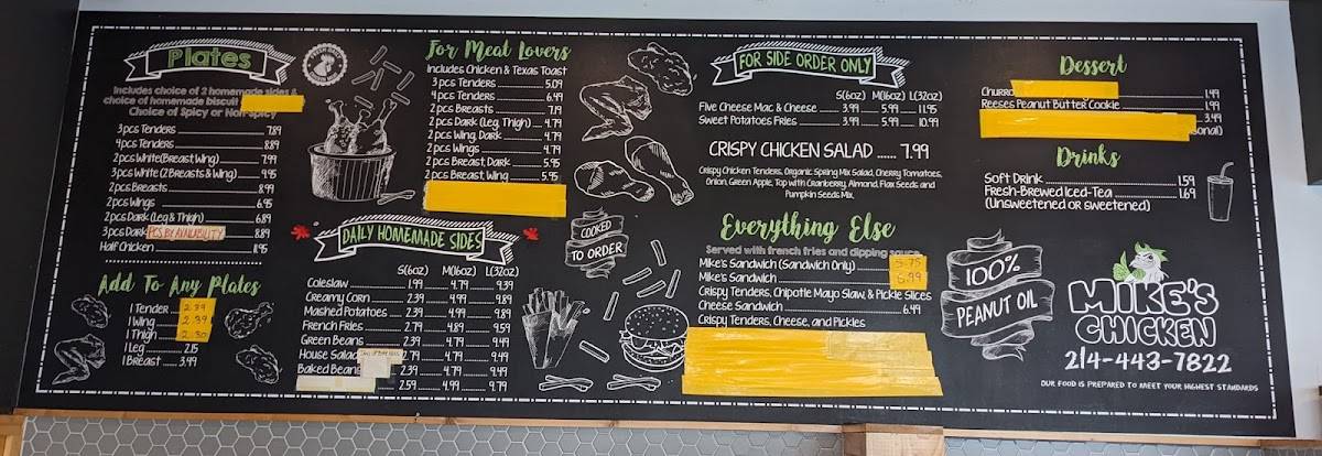 Menu at Mike's Chicken restaurant, Dallas, Maple Ave