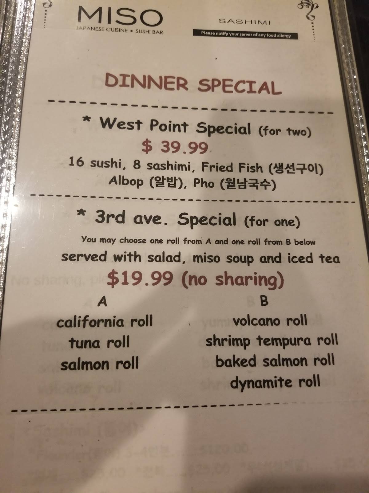Menu at Miso Sushi House restaurant, West Point