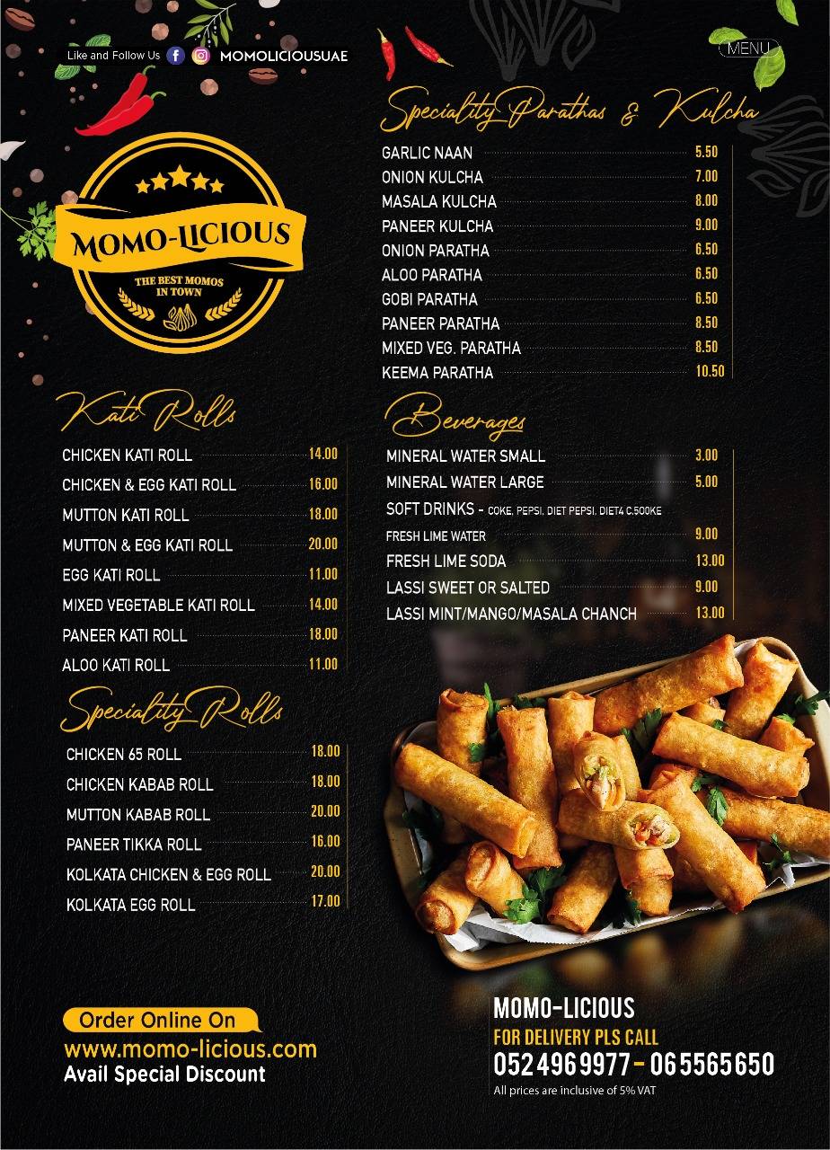 Menu at Momolicious restaurant, Sharjah