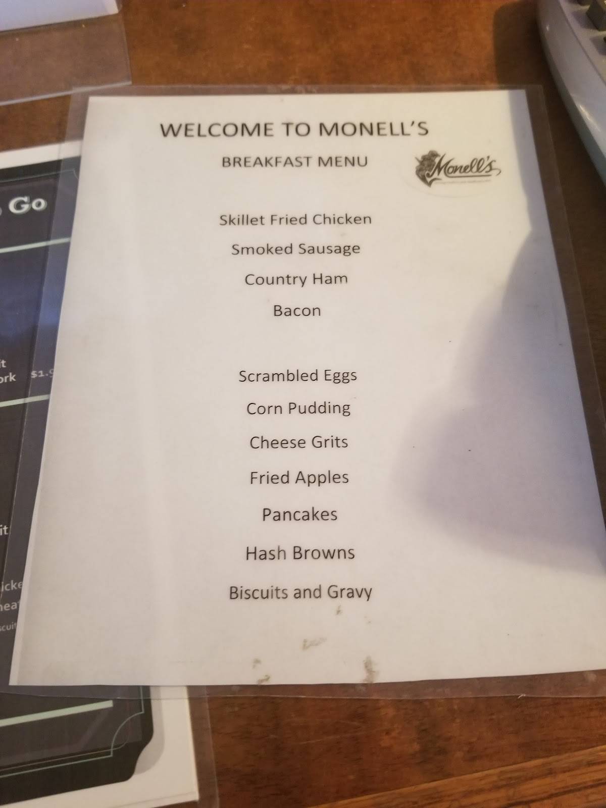 Menu at Monell's restaurant, Nashville, 6th Ave N