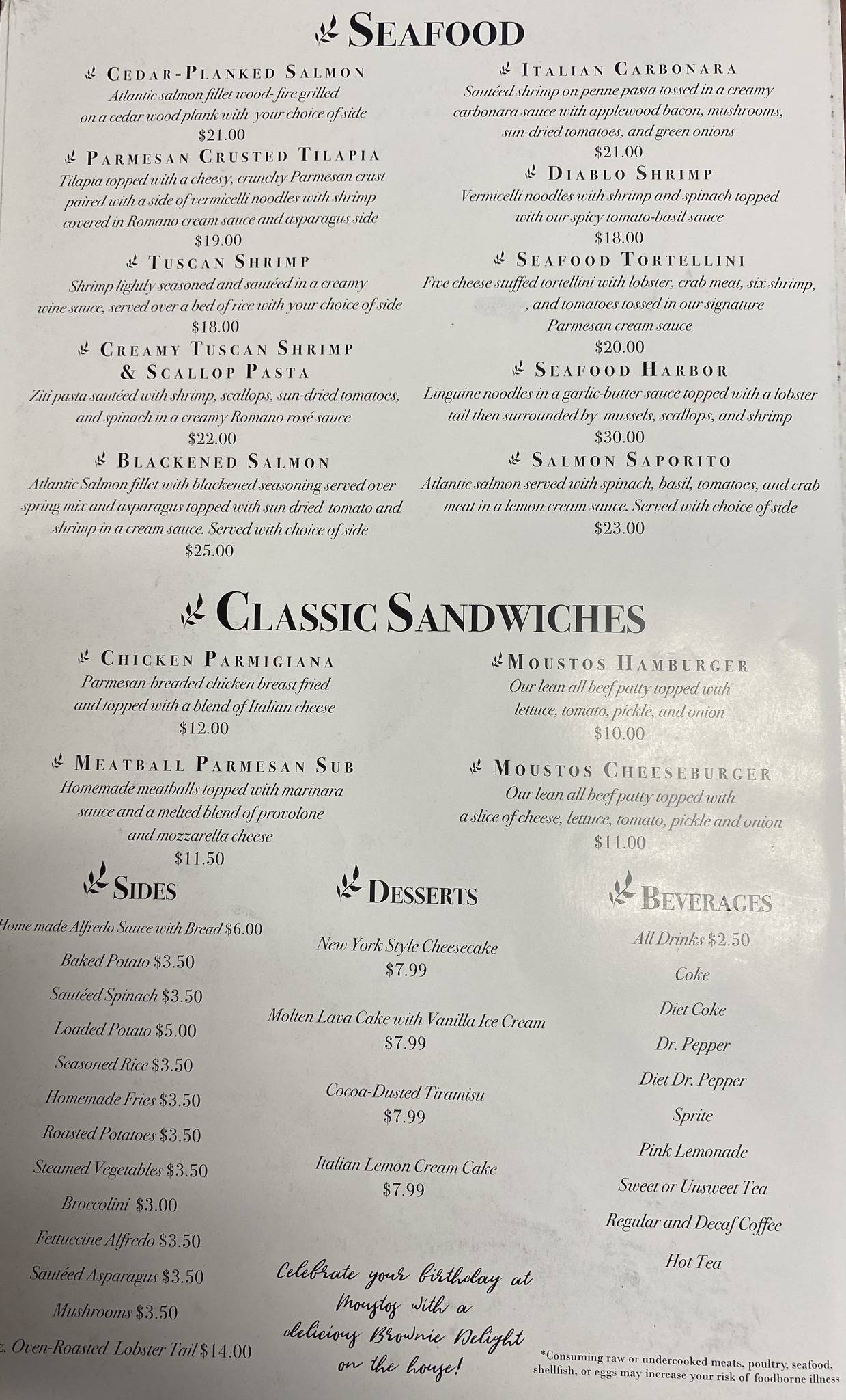 Menu at Moustos Pasta & Grill restaurant, Paris