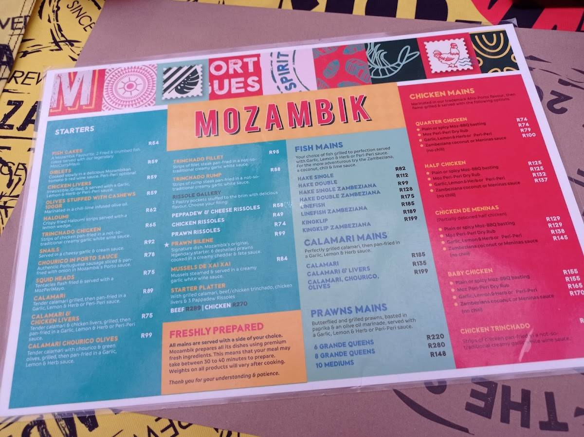 Menu at Mozambik Linksfield restaurant, Johannesburg, 110 Cnr of Club