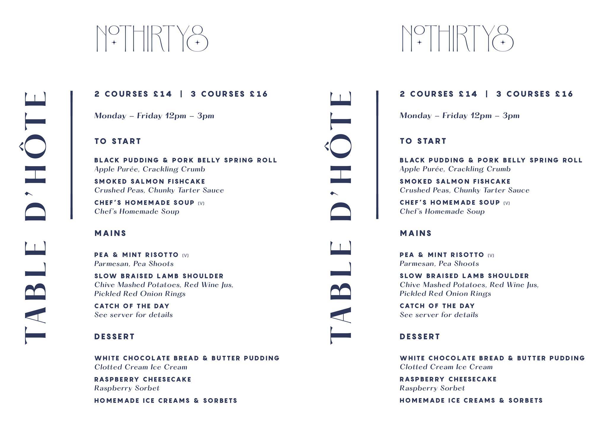 Menu at No. Thirty 8 restaurant, Lincoln