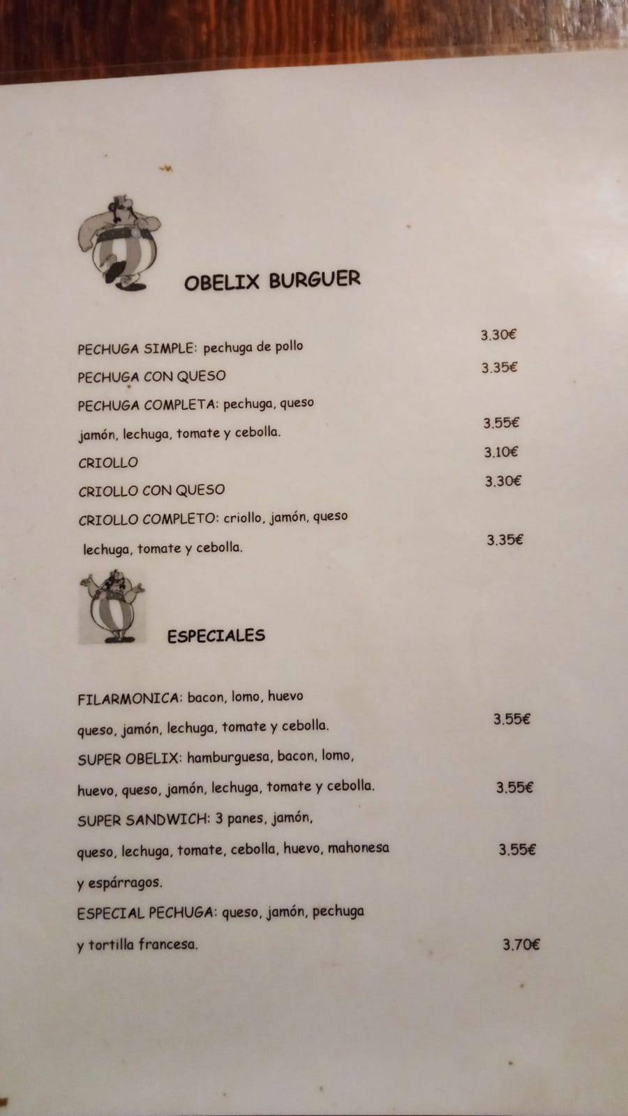 Carta del restaurante Obelix, Cangas