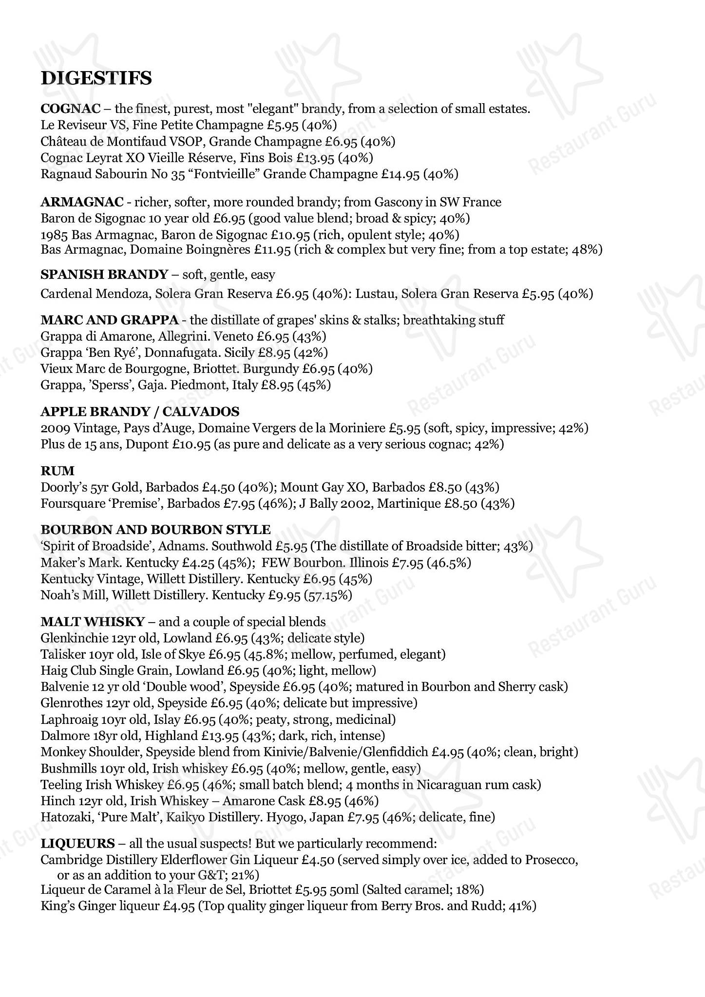Menu at The Old Bridge Hotel restaurant, Huntingdon