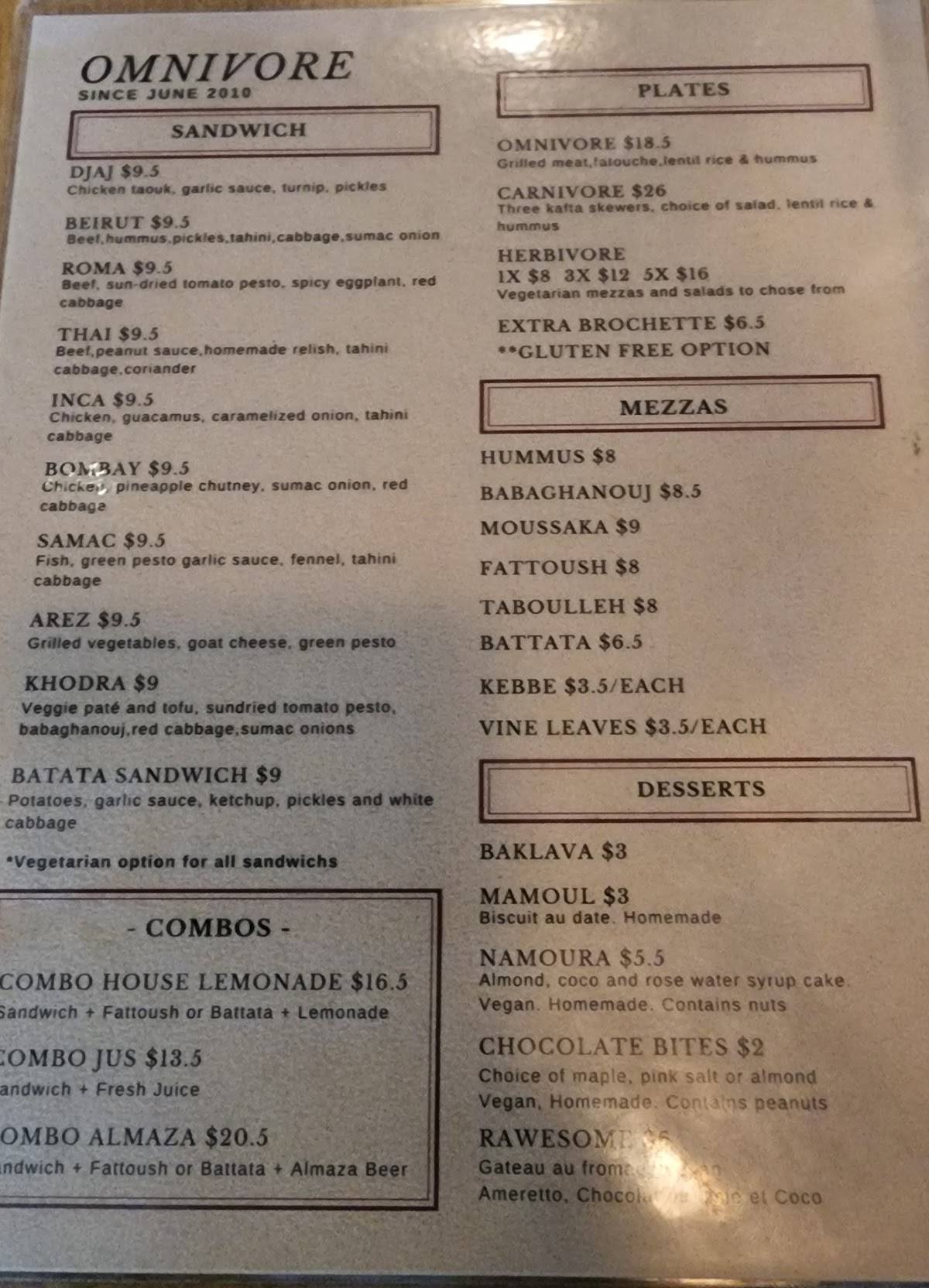 Menu au Omnivore St-Laurent restaurant, Montréal, Boul St-Laurent