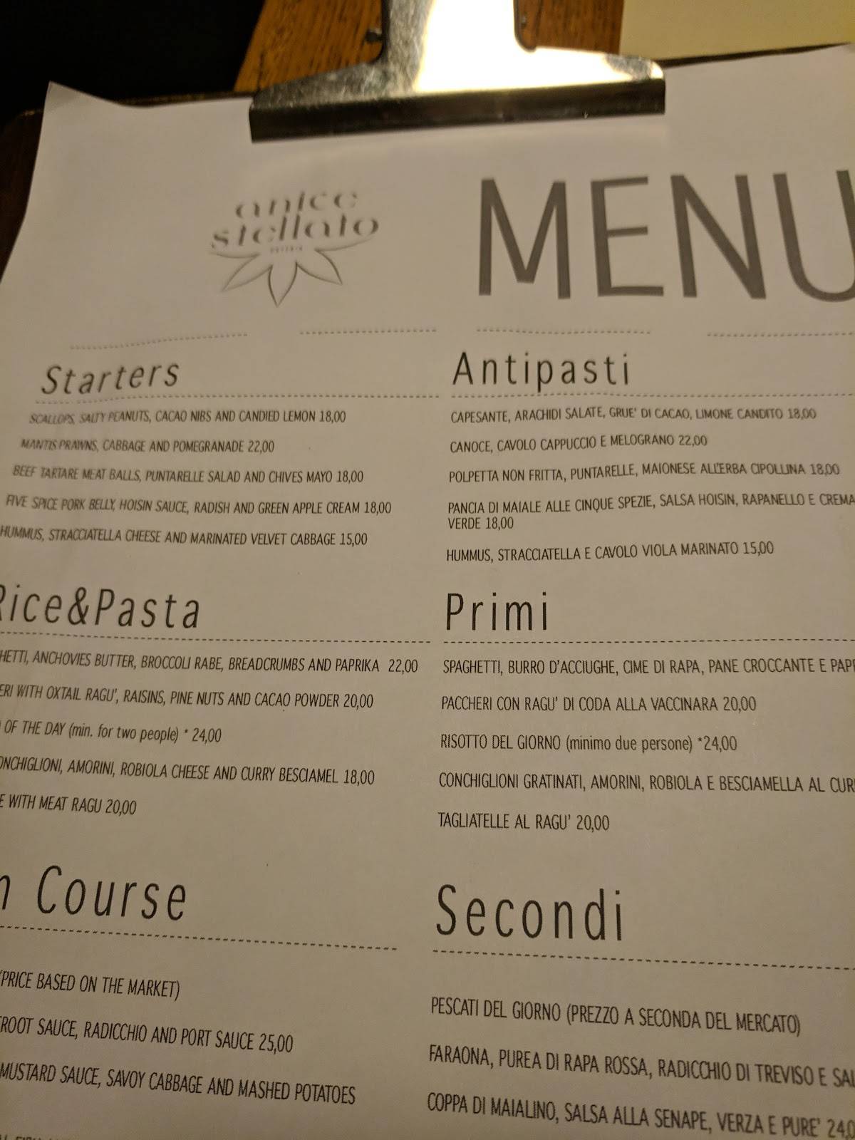 Menu at Osteria Anice Stellato restaurant, Venice, Fondamenta de la Sensa