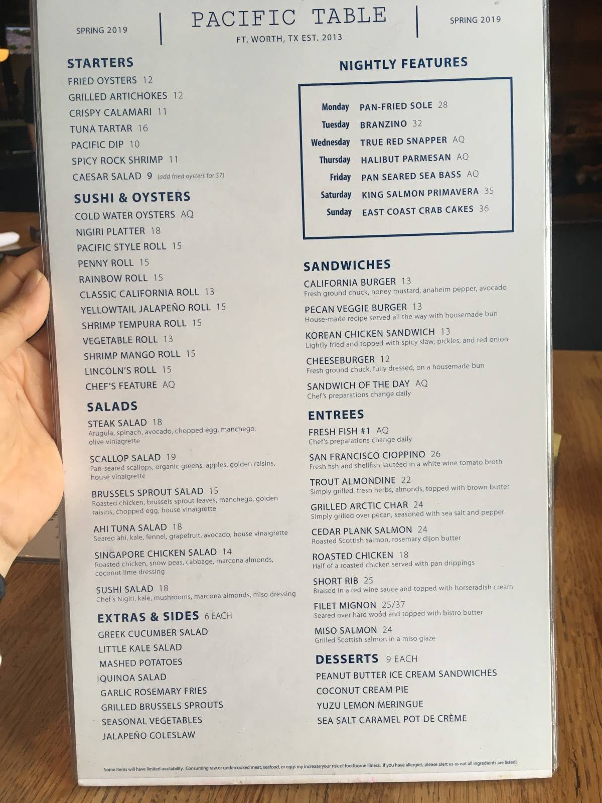 Menu at Pacific Table restaurant, Fort Worth
