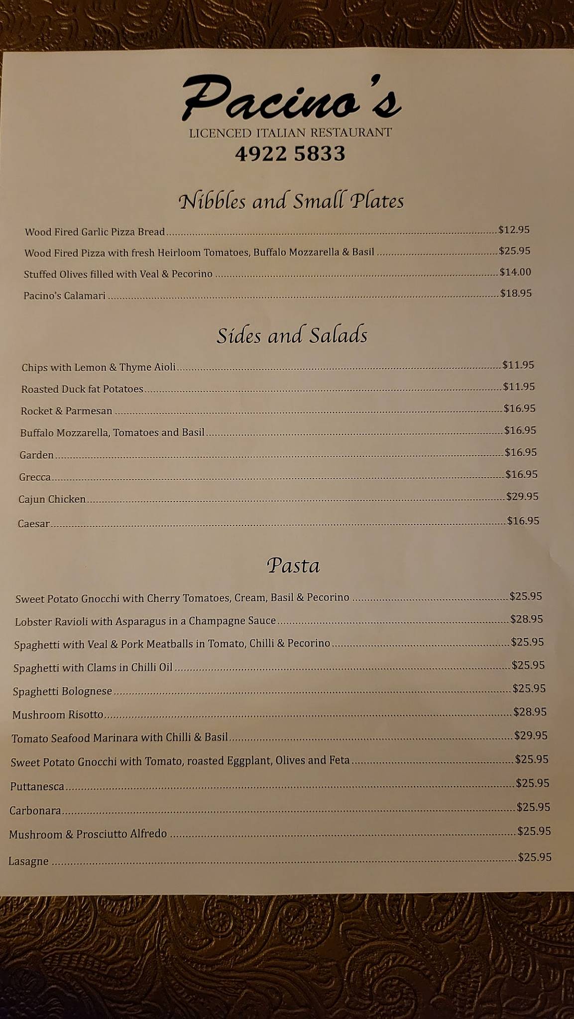 Menu at Pacino's restaurant, Rockhampton City, 5 East St