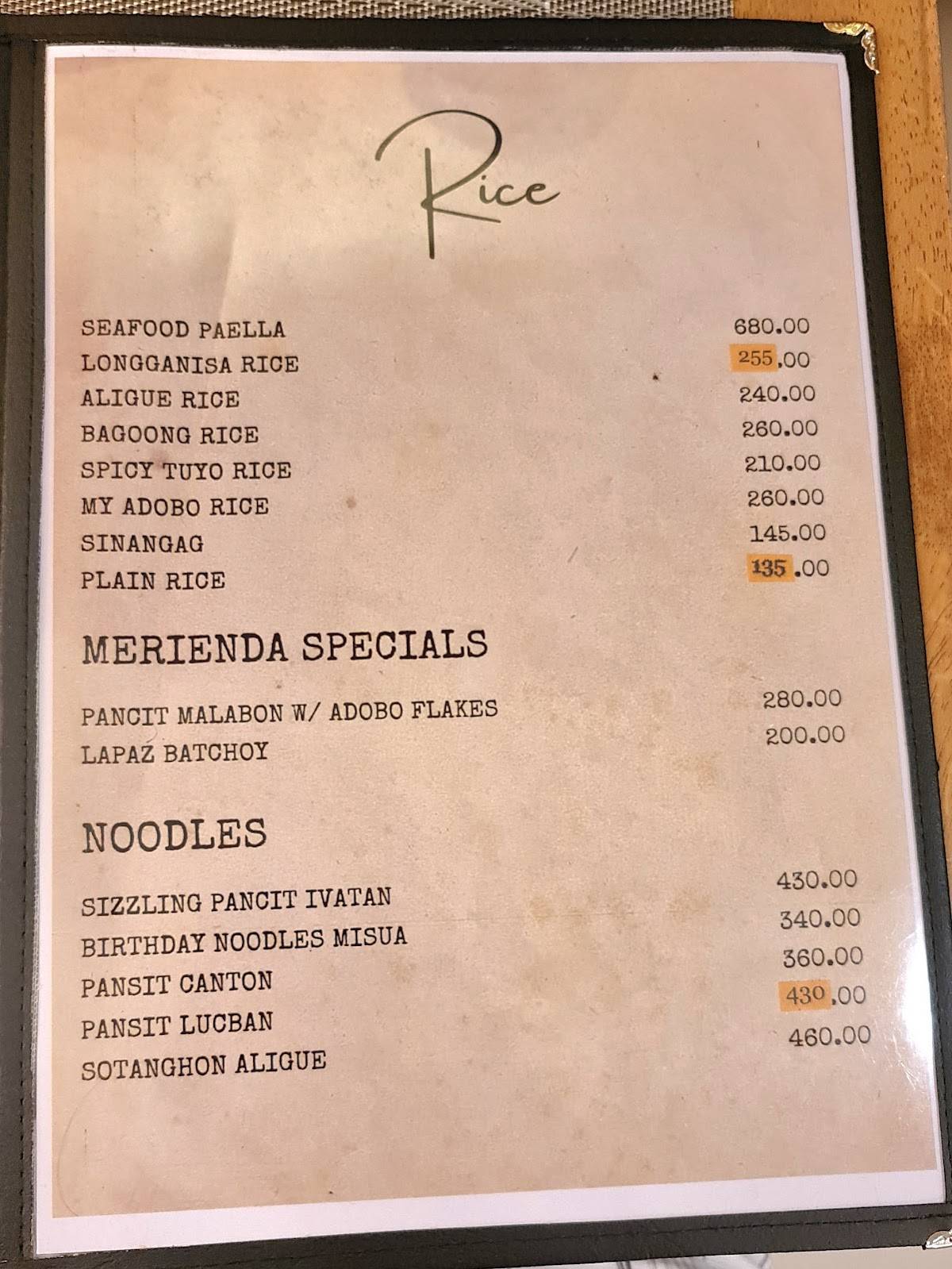 Menu at Pamana Restaurant - Tagaytay, Tagaytay