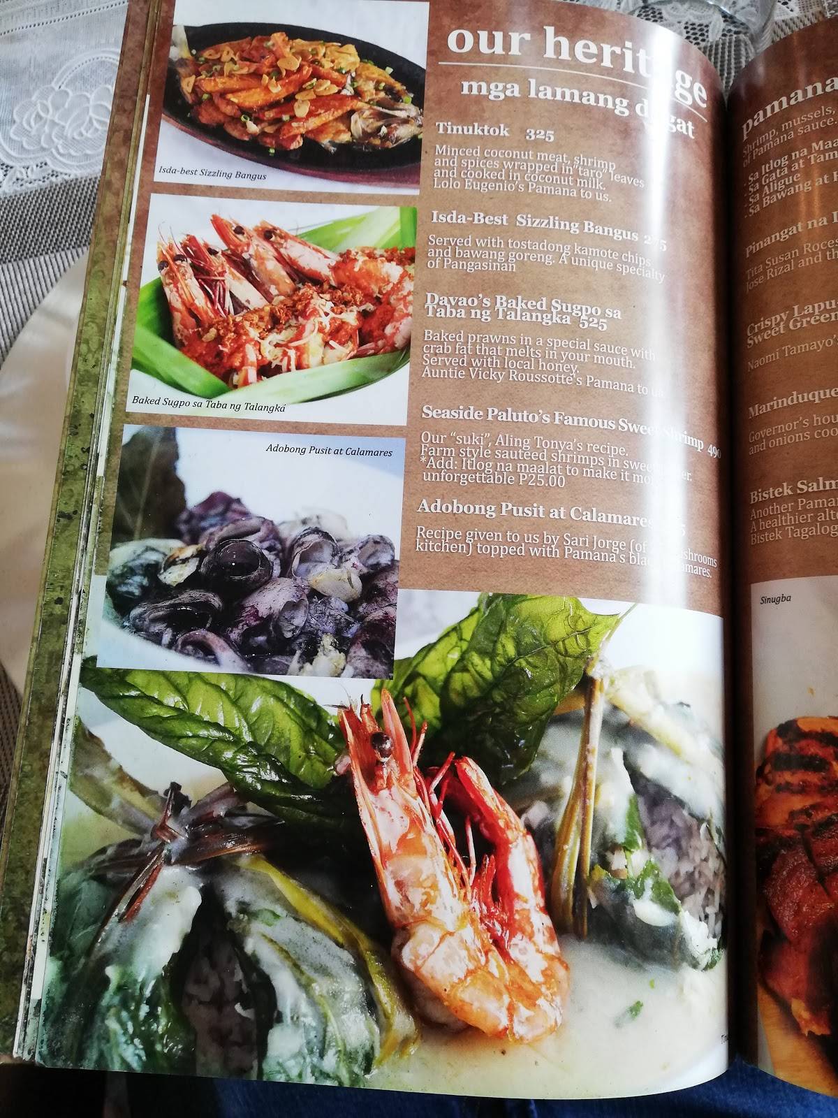 Menu at Pamana Restaurant - Tagaytay, Tagaytay