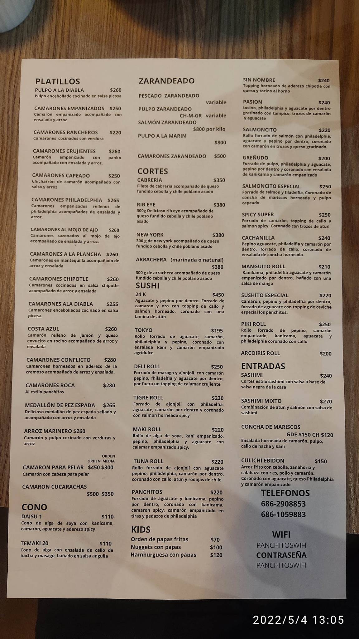 Carta de Panchitos Restaurant, Mexicali