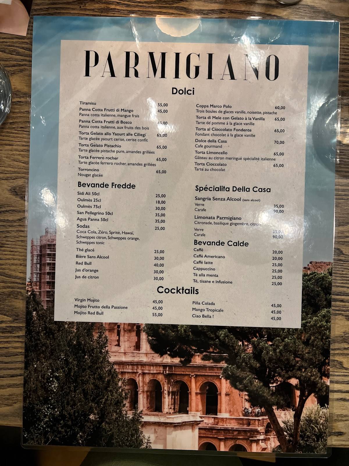 Menu au Parmigiano restaurant, Tanger