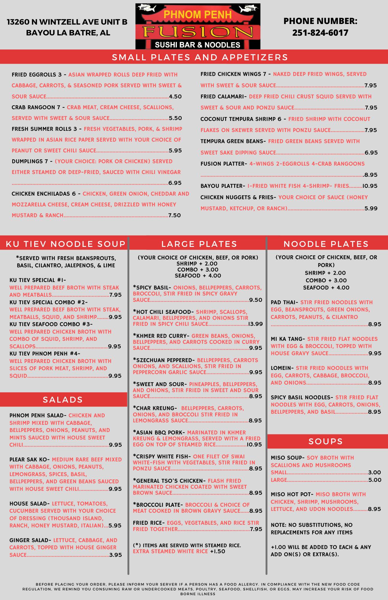 Menu at Phnom Penh Fusion restaurant, Bayou La Batre, Wintzell Ave