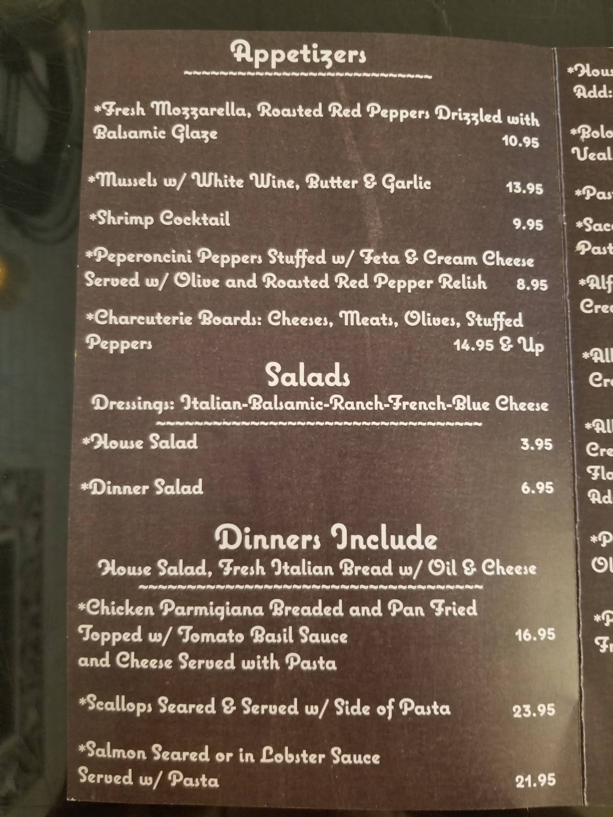Menu at Piero's Pasta House restaurant, Geneva-on-the-Lake