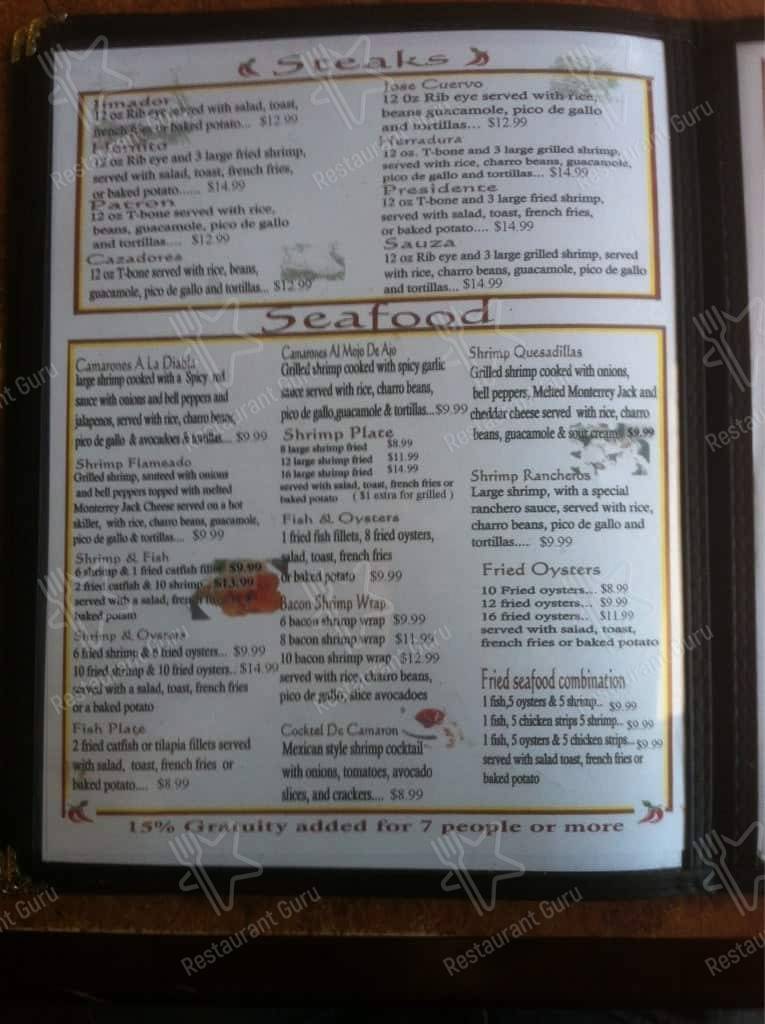 Menu at Pinto Bean restaurant, Edna