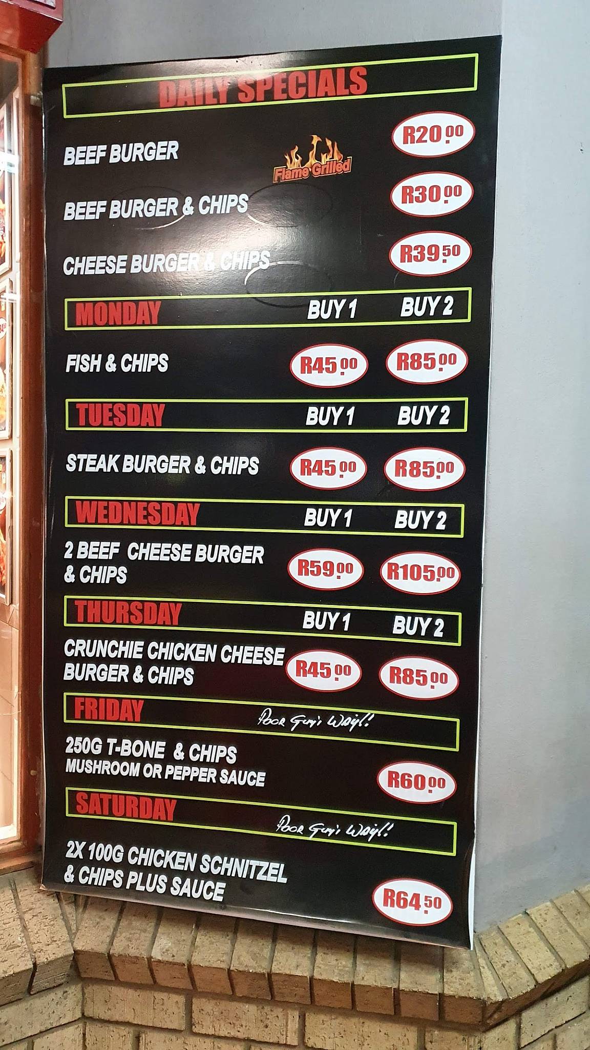 Menu at Poor Guys Fast Food, Pretoria